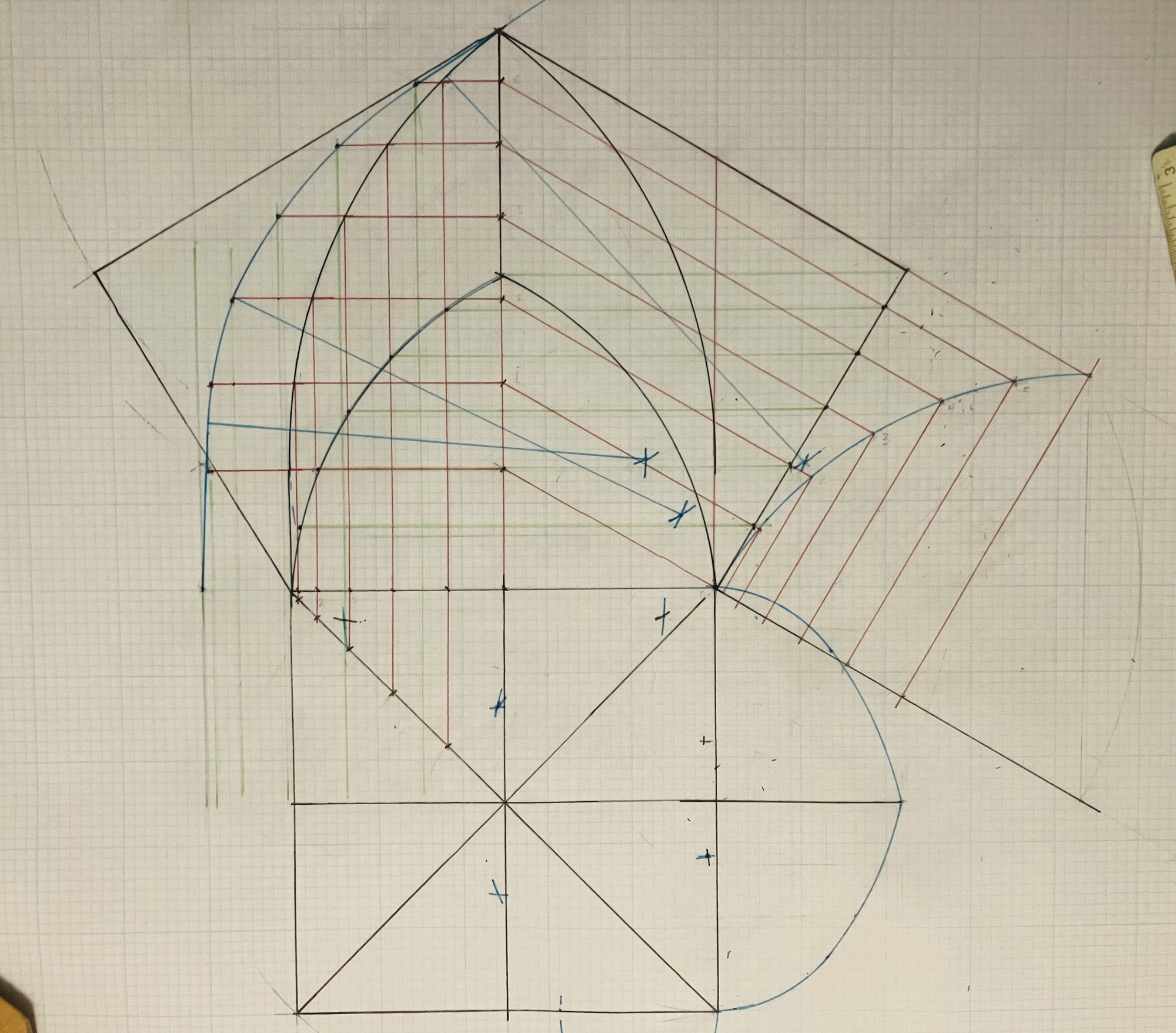 Gothic arch square groin vault, set on 7:12 pitch – Trad Building